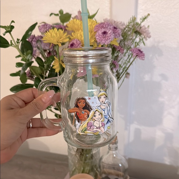 Disney | Dining | Clear Glass Mason Jar With Straw And Princess Design ...
